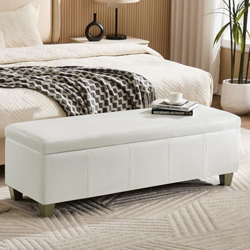51" Faux Leather Storage Ottoman, Stitch Tufted Rectangle Upholstered ...