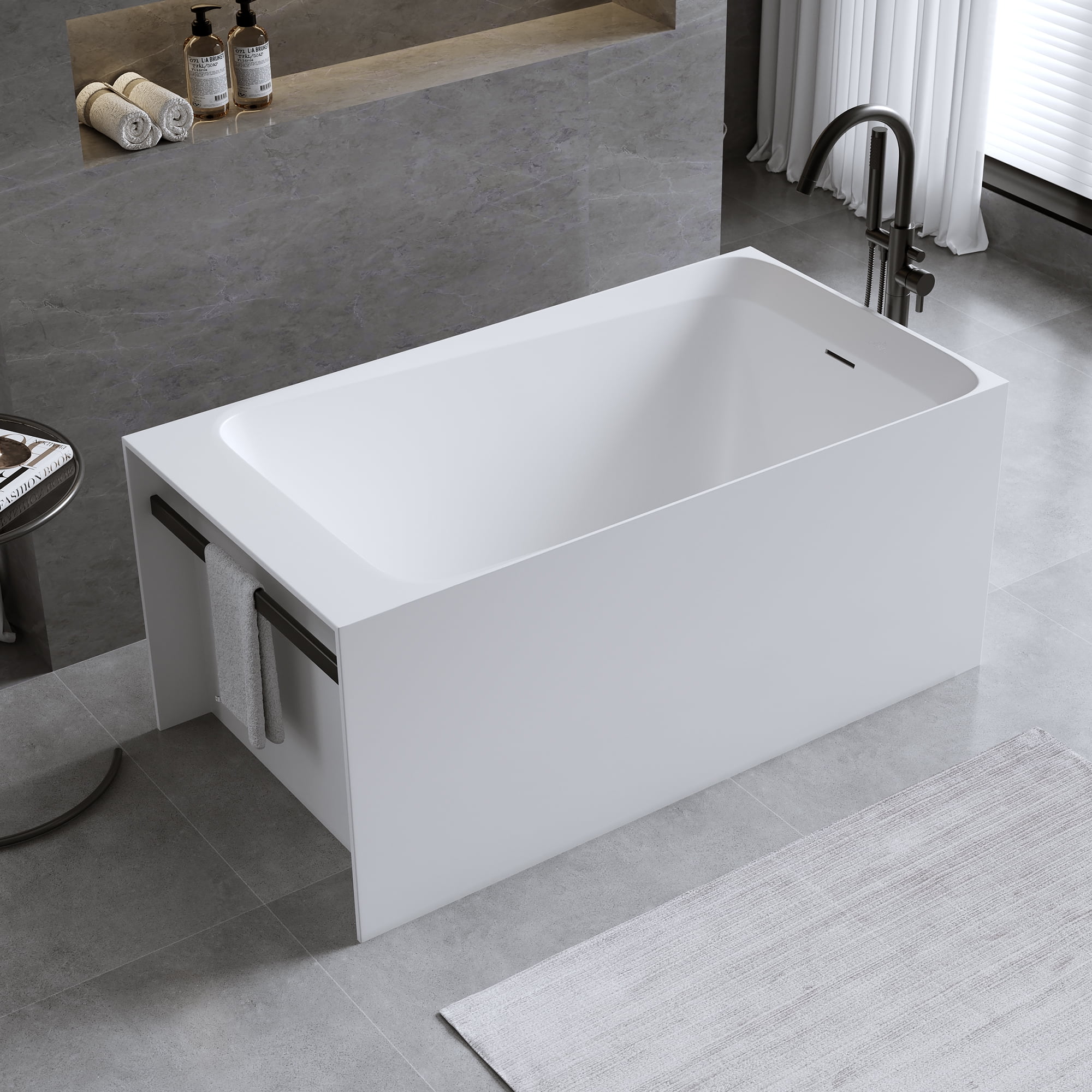 51" Freestanding Solid Surface Soaking Bathtub, Matte Resin Stone Tub with Overflow & Pop-Up ...