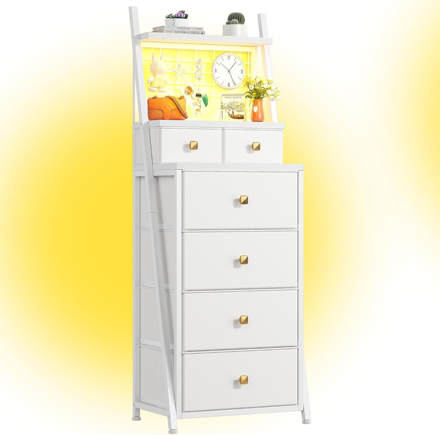 51" H Tall Nightstand with 6 Drawers, LED Nightstand with Grid, Modern ...