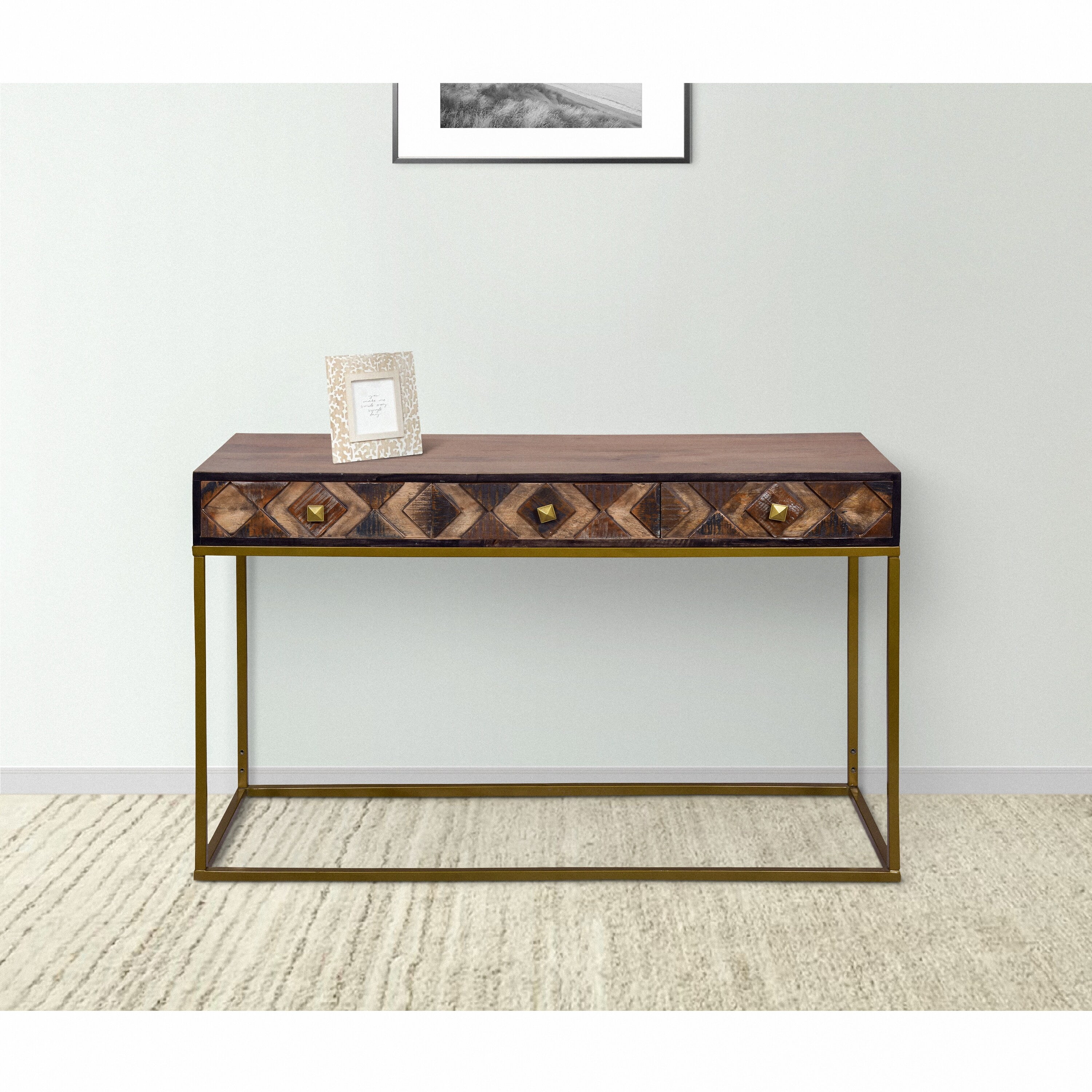 51 Inch 3 Drawer Mango Wood Console Table, Diamond Panels, Metal Frame ...