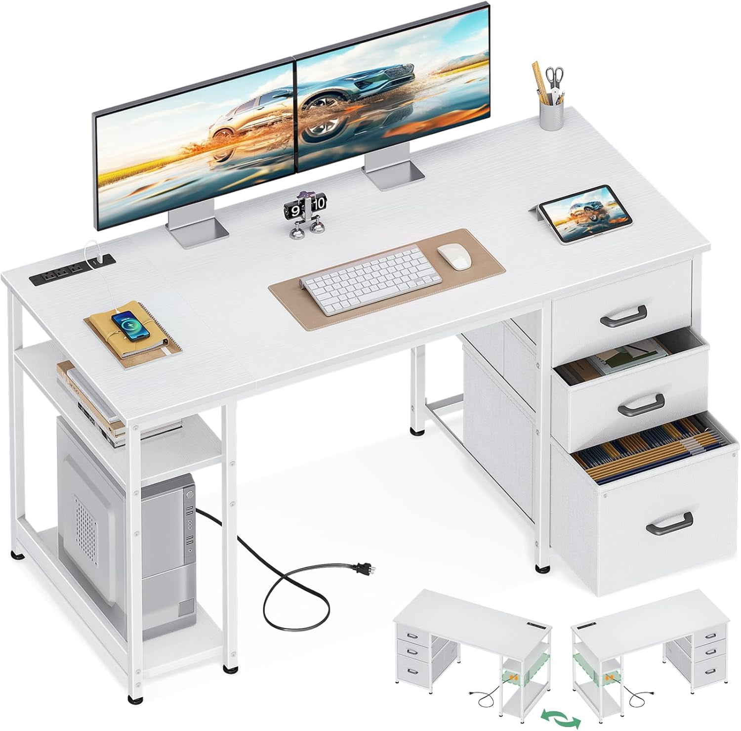 51 Inch Computer Desk with Fabric Drawers & USB Power Outlets ...