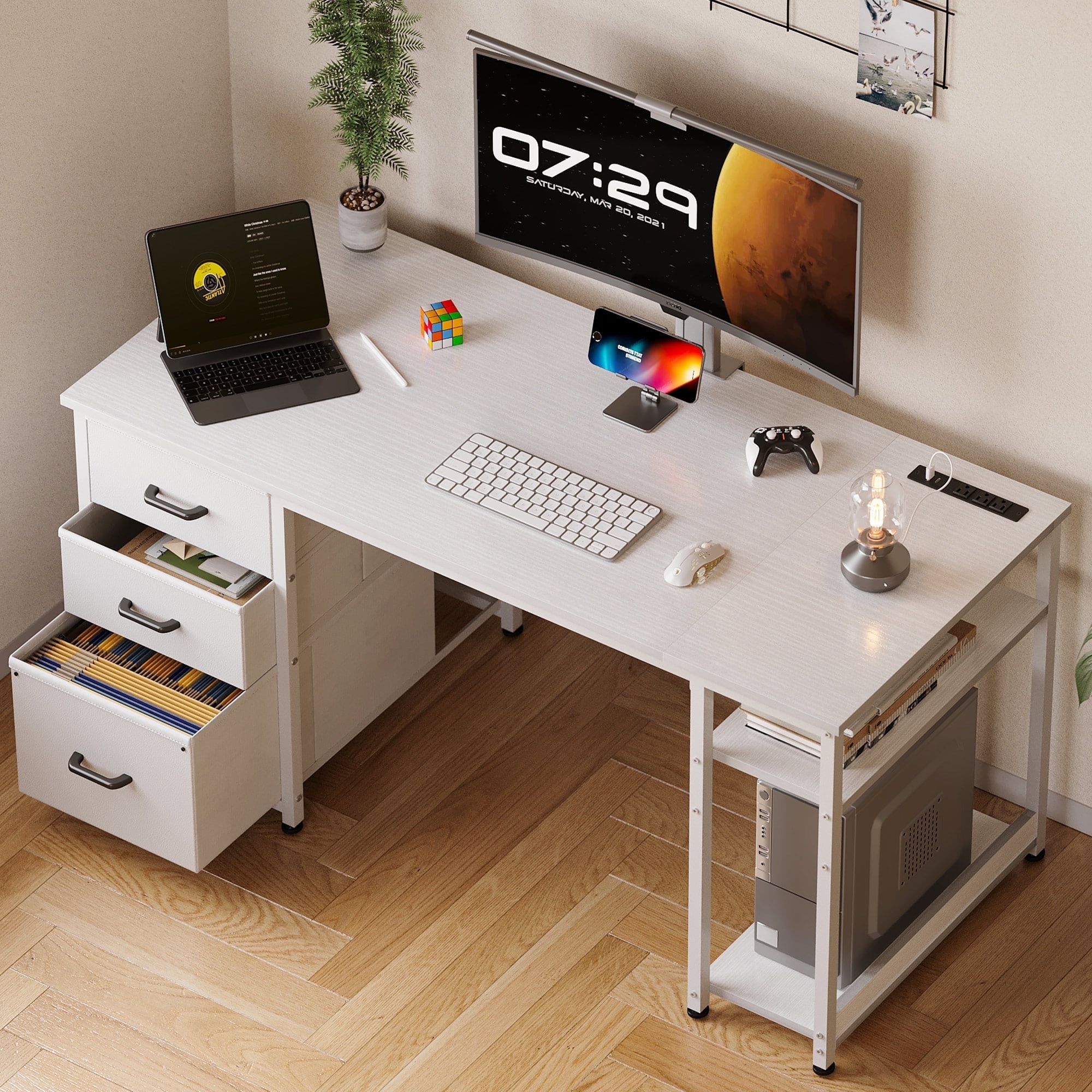 51 Inch Computer Desk with File Drawers & USB Power Outlets- Reversible ...