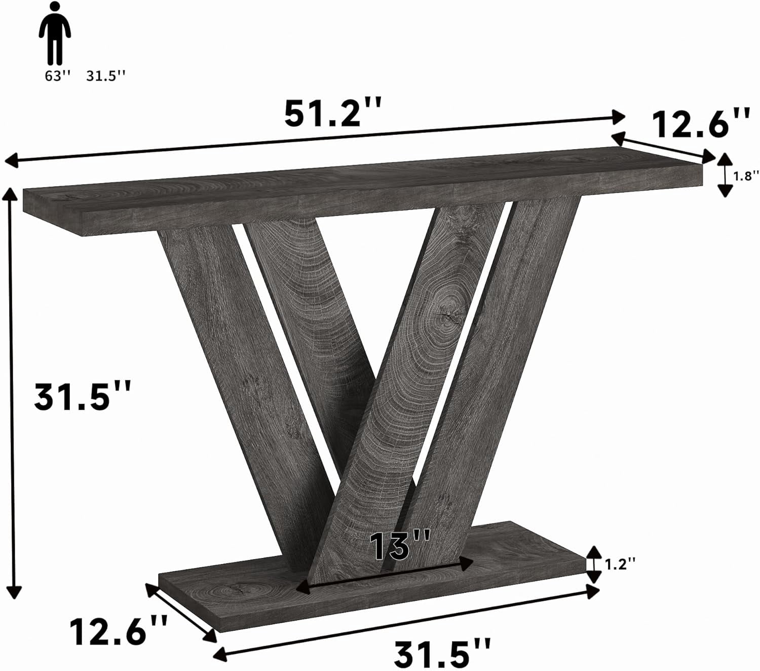 51 Inch Console Table, Farmhouse Entryway Table with V-Shaped Wood Sofa ...