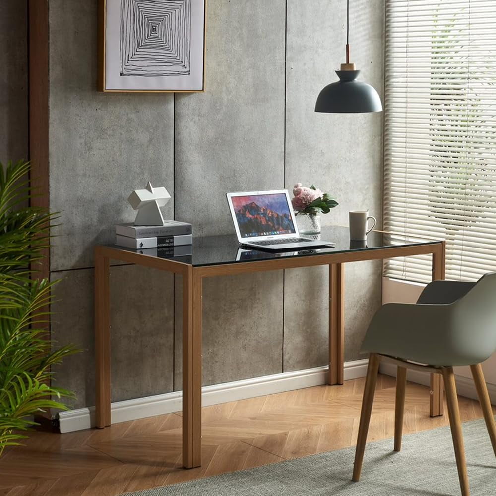 51 Inch Modern Computer Writing Desk with Black Glass Top, Wide Metal ...