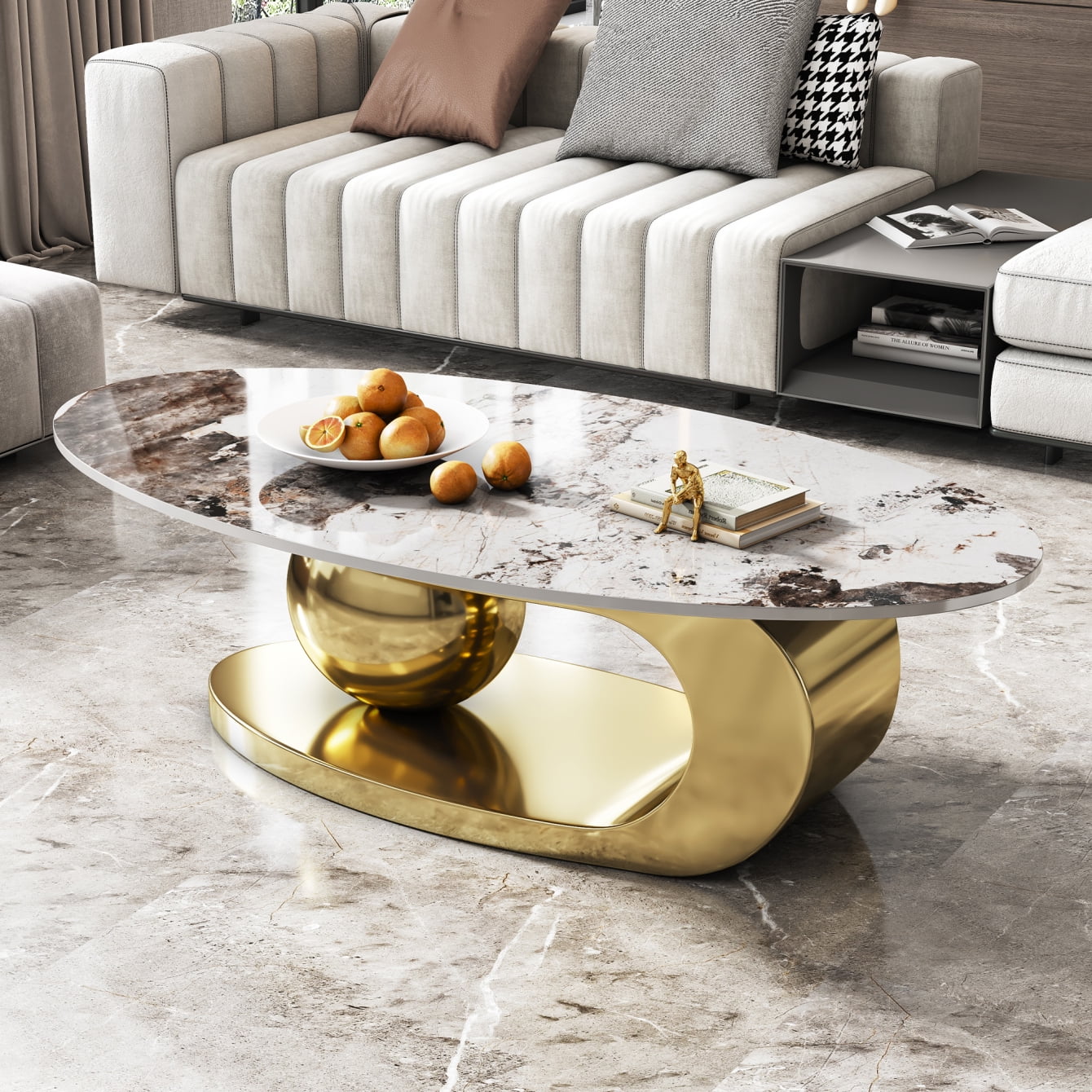 51-Inch Oval Faux Marble Coffee Table with Modern Stainless Steel Base ...