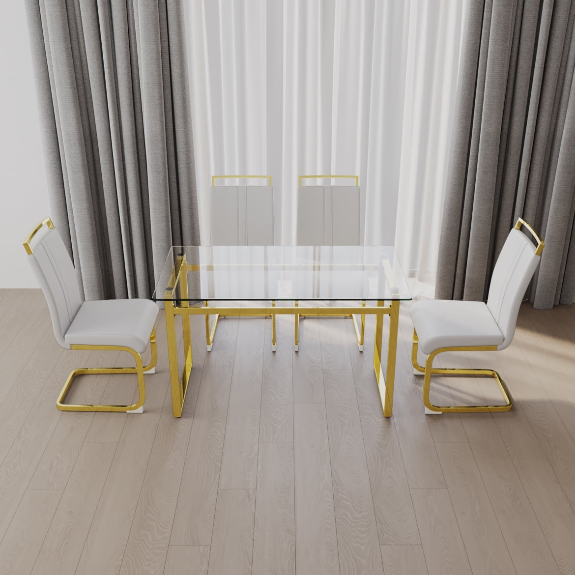 51-Inch Tempered Glass Dining Table Set for 4 with Gold Metal Legs and ...