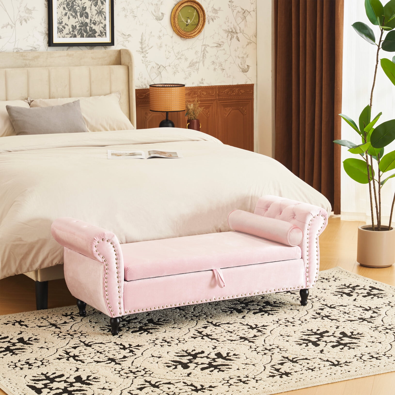 51" Long Velvet Tufted Upholstered Storage Ottoman Bench, Rolled Arm ...