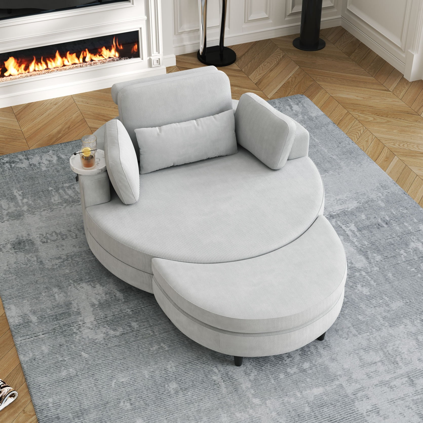 51" Modren Corduroy Round Sofa With Two Throw Pillows, Waist Pillow ...