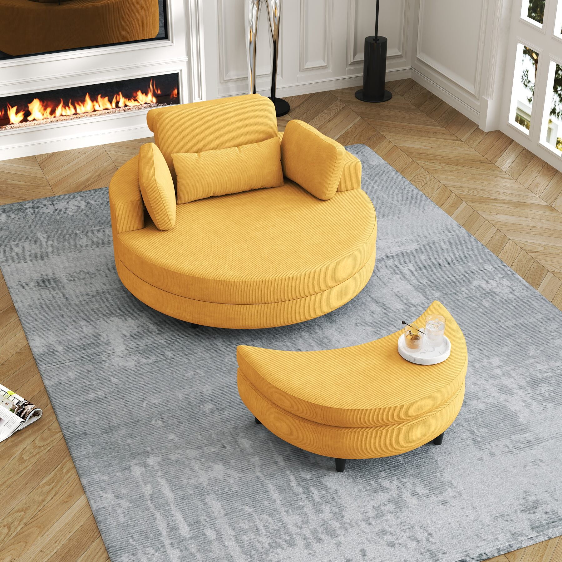 51" Modren Corduroy Round Sofa With Two Throw Pillows, Waist Pillow ...