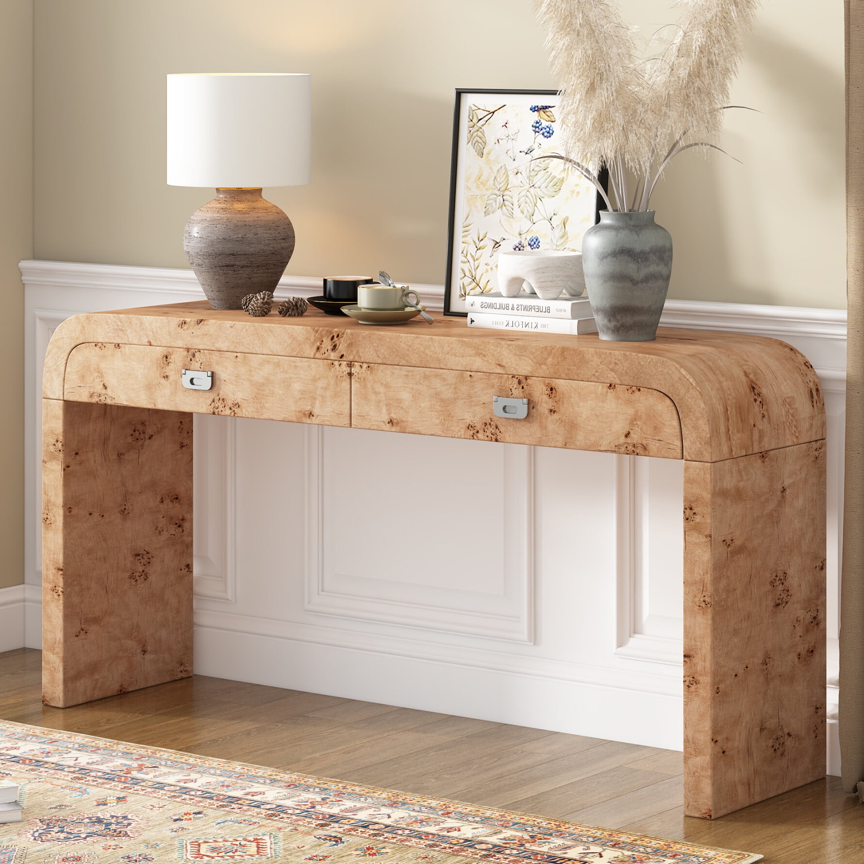51" Narrow Console Table with 2 Drawers, Modern Curved Entryway Table ...