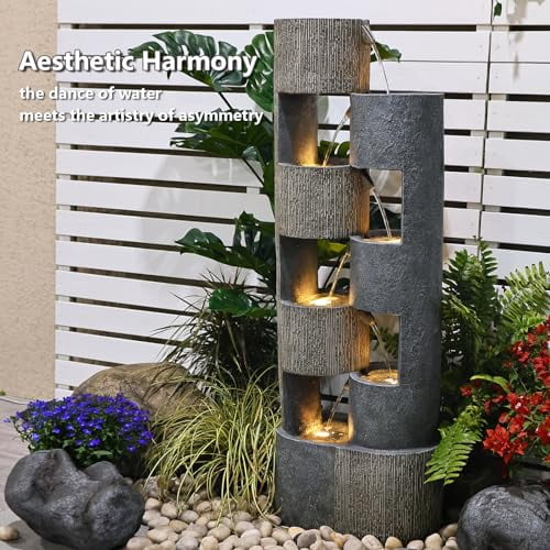 51" Outdoor Water Fountain Uneven Cylinders Waterfalls Fountain Floor ...