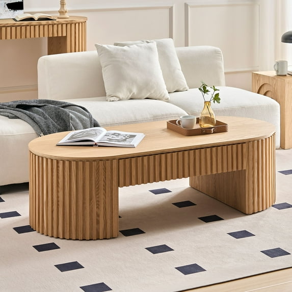 51" Oval Coffee Table with Hidden Drawer, Modern Handcrafted Relief ...