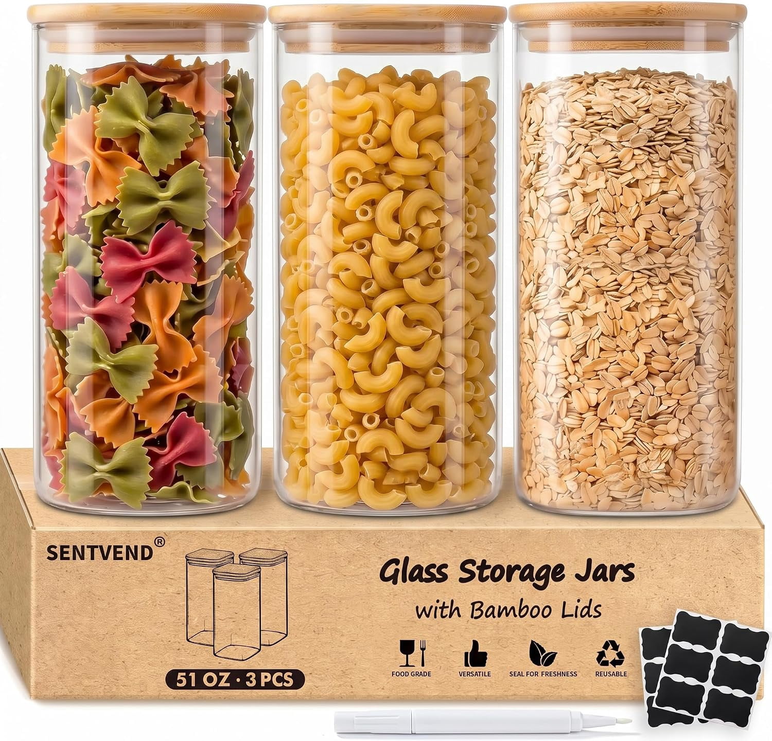 51 Oz Glass Jars - 3 Pack Food Storage Containers with Lids Square ...