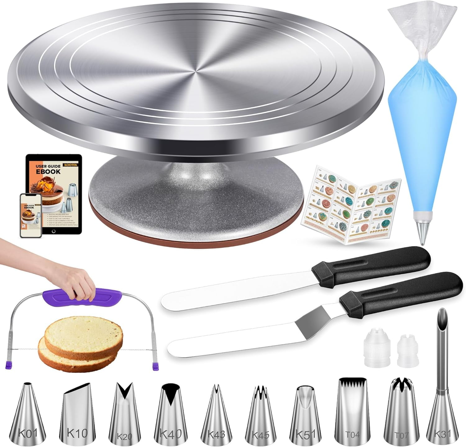 51 Pcs Cake Decorating Kit, 12" Aluminum Alloy Cake Turntable, 10 ...
