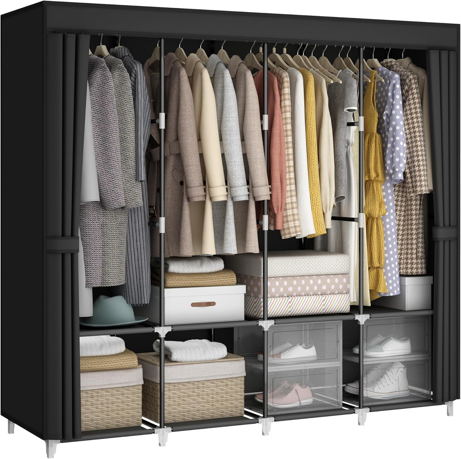 51" Portable Wardrobe - 2 Hanging Rods & 8 Shelves with Fabric Cover ...