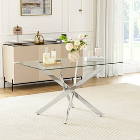 36" Round Glass Dining Table with Stainless Steel Legs, Modern Small ...