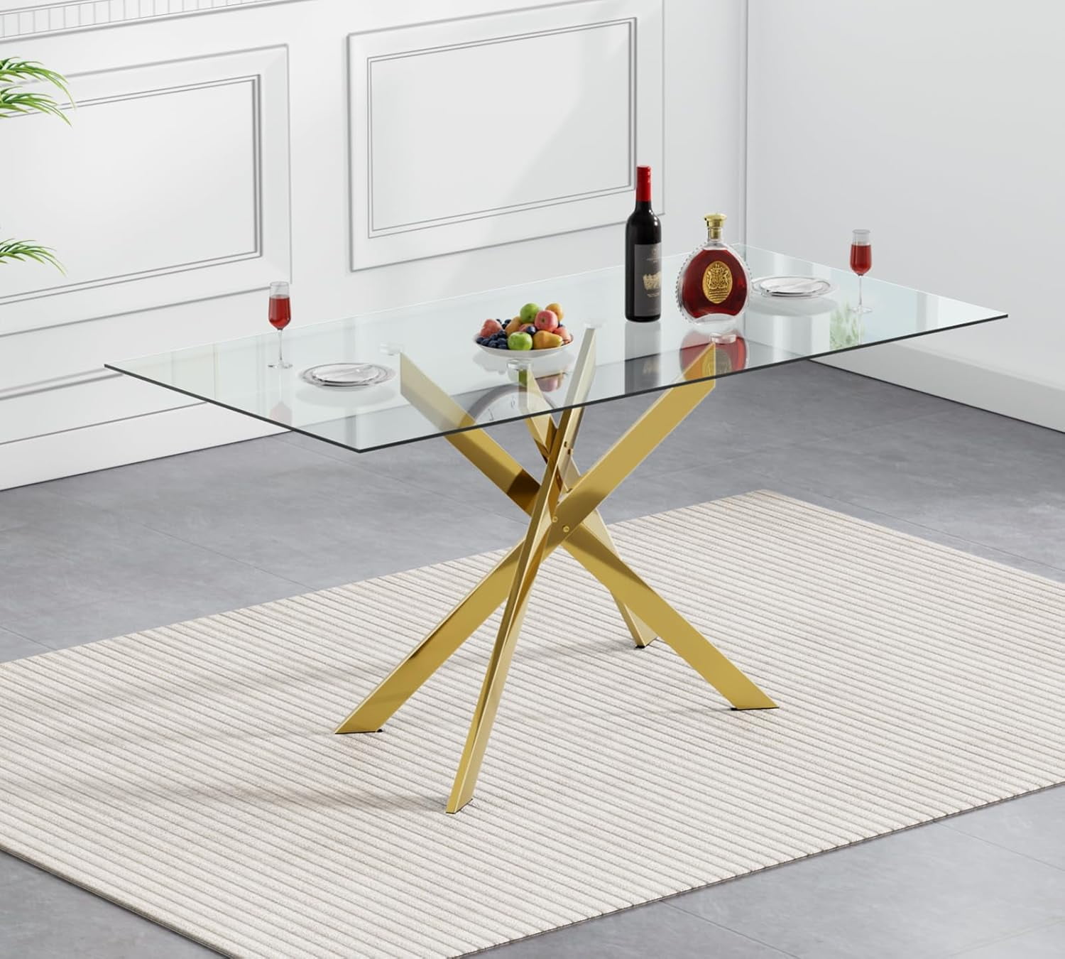 51" Rectangular Glass Dining Table - Modern Gold Metal Legs, Clear ...