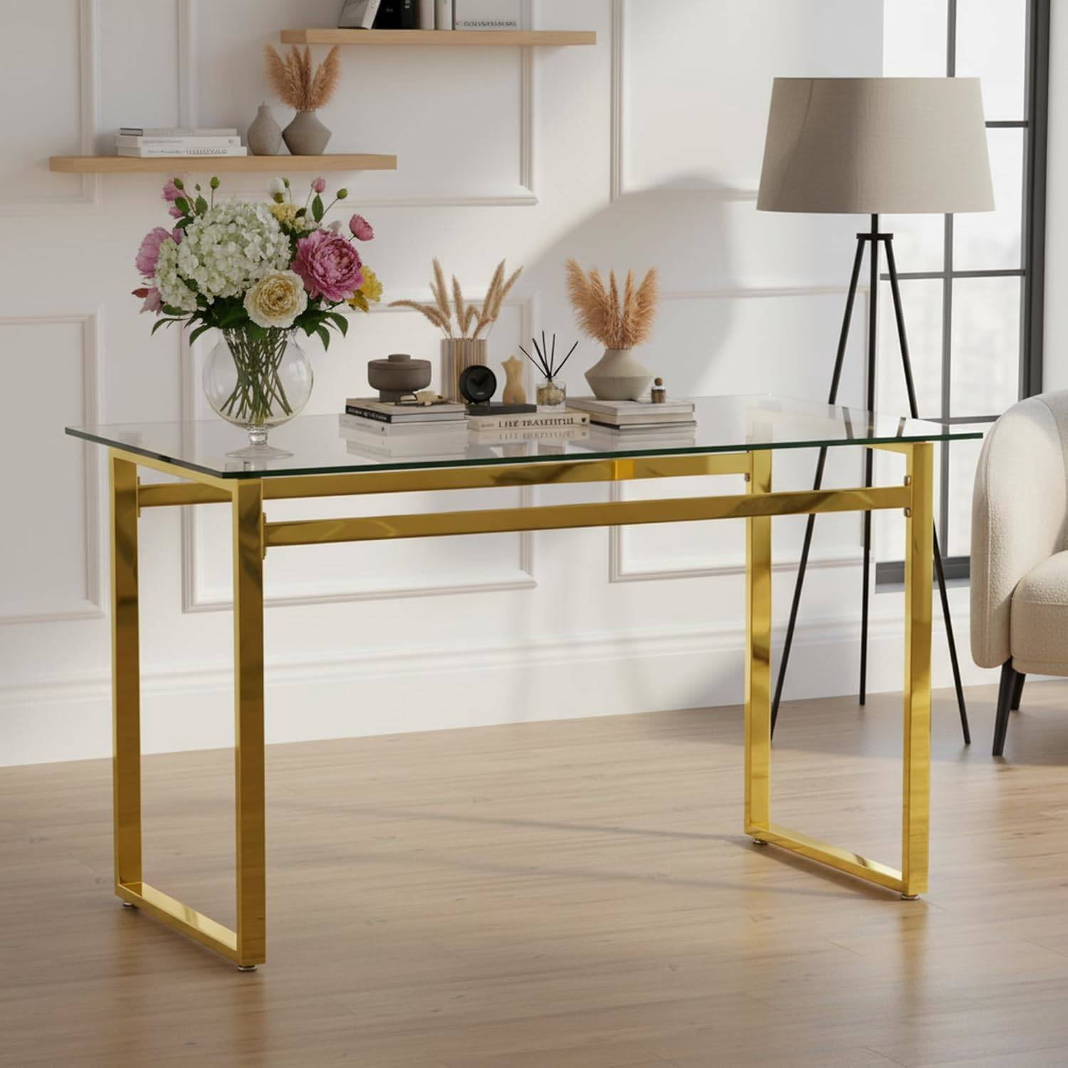 51" Rectangular Tempered Glass Dining Table with Metal Legs, Modern ...