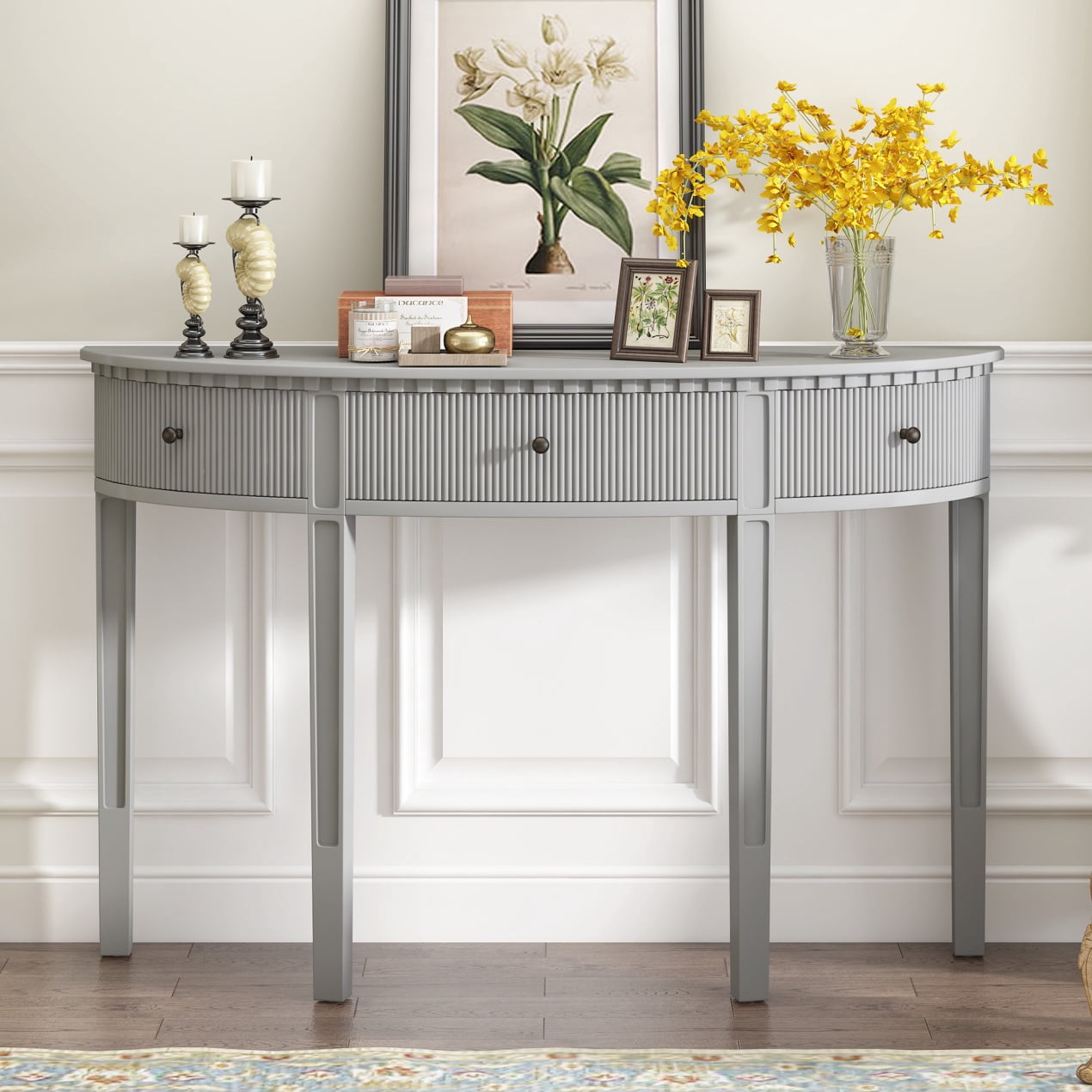 51" Solid Wood Console Table,Pine Veneer,with Vertical Stripe 3 Drawer ...