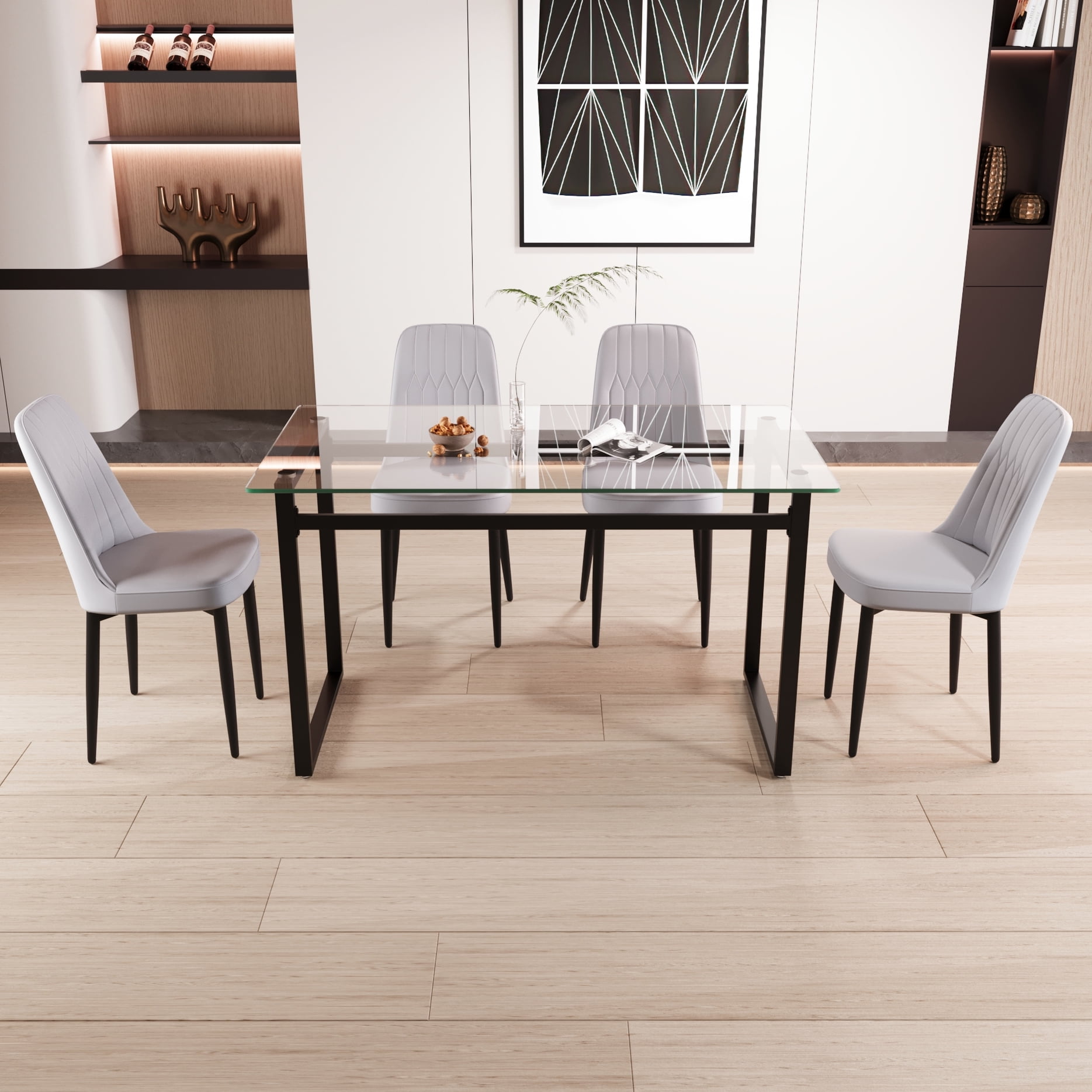 51" Square Glass Dining Table With 4 Pu Chairs And Black Metal Legs For ...