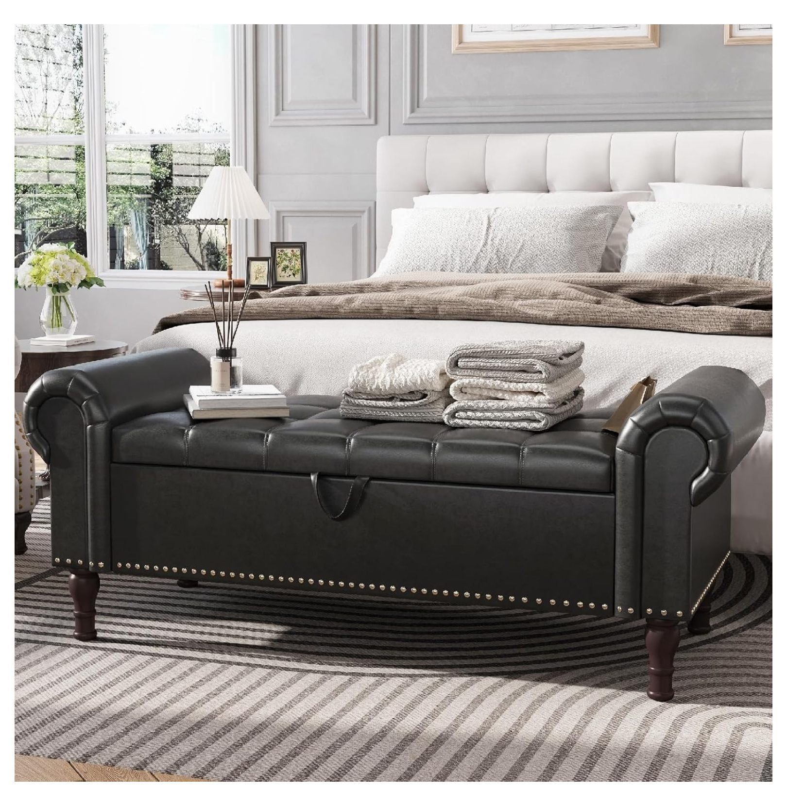 51”Storage Benches, Queen Size Faux Leather Bed Bench with Tufted ...