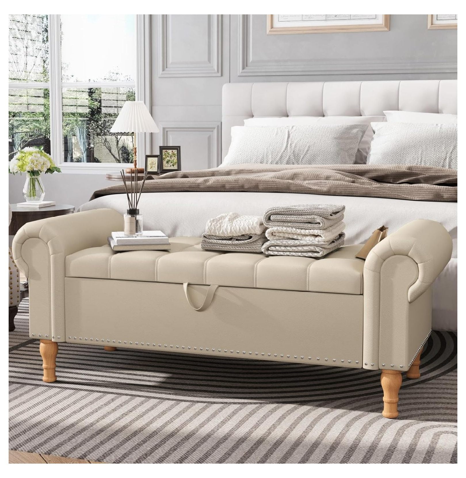 51”Storage Ottoman Bench, Soft Faux Leather Indoor Bench with Rolled ...