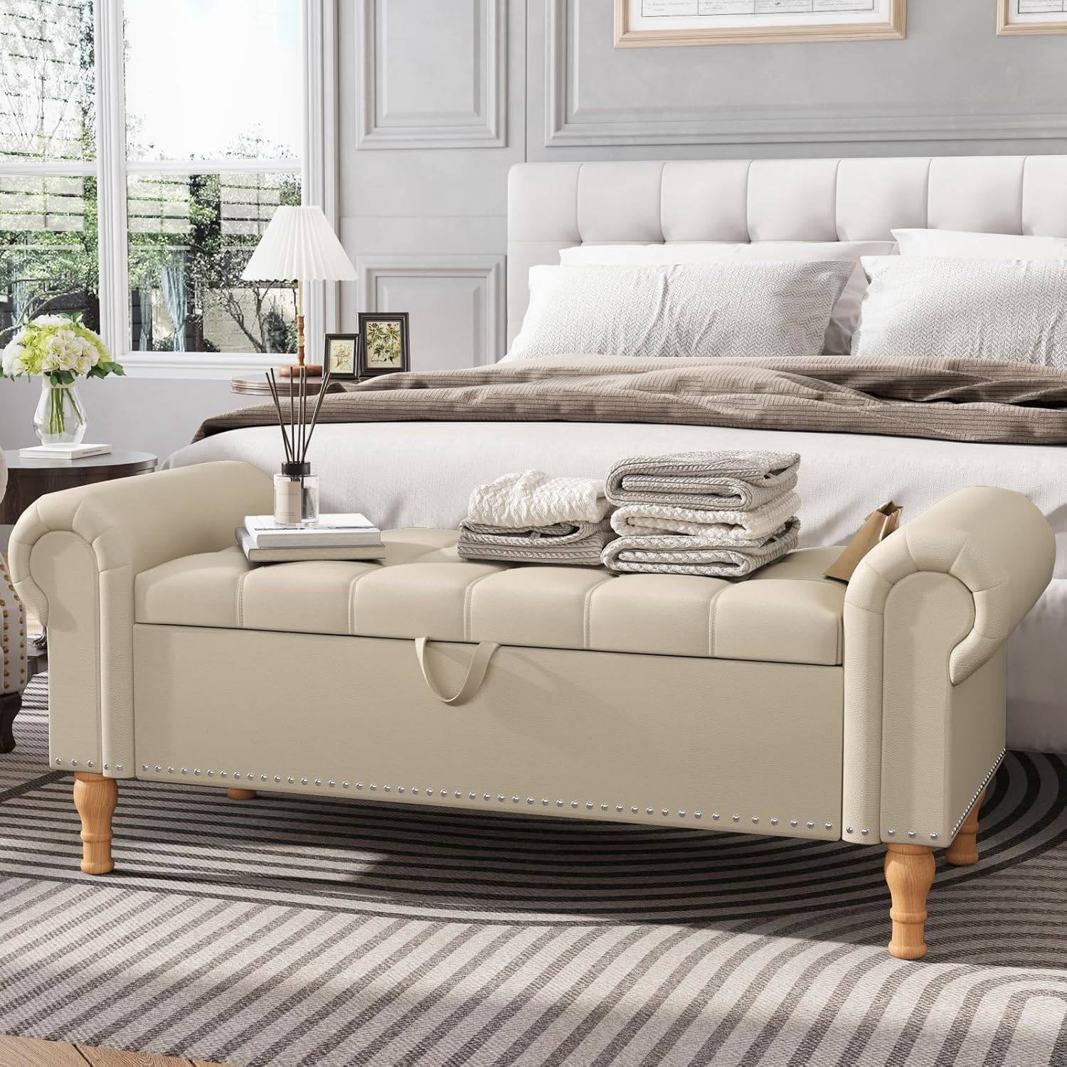 51" Storage Ottoman Bench with Rolled Arms, Button-Tufted Lid, and ...