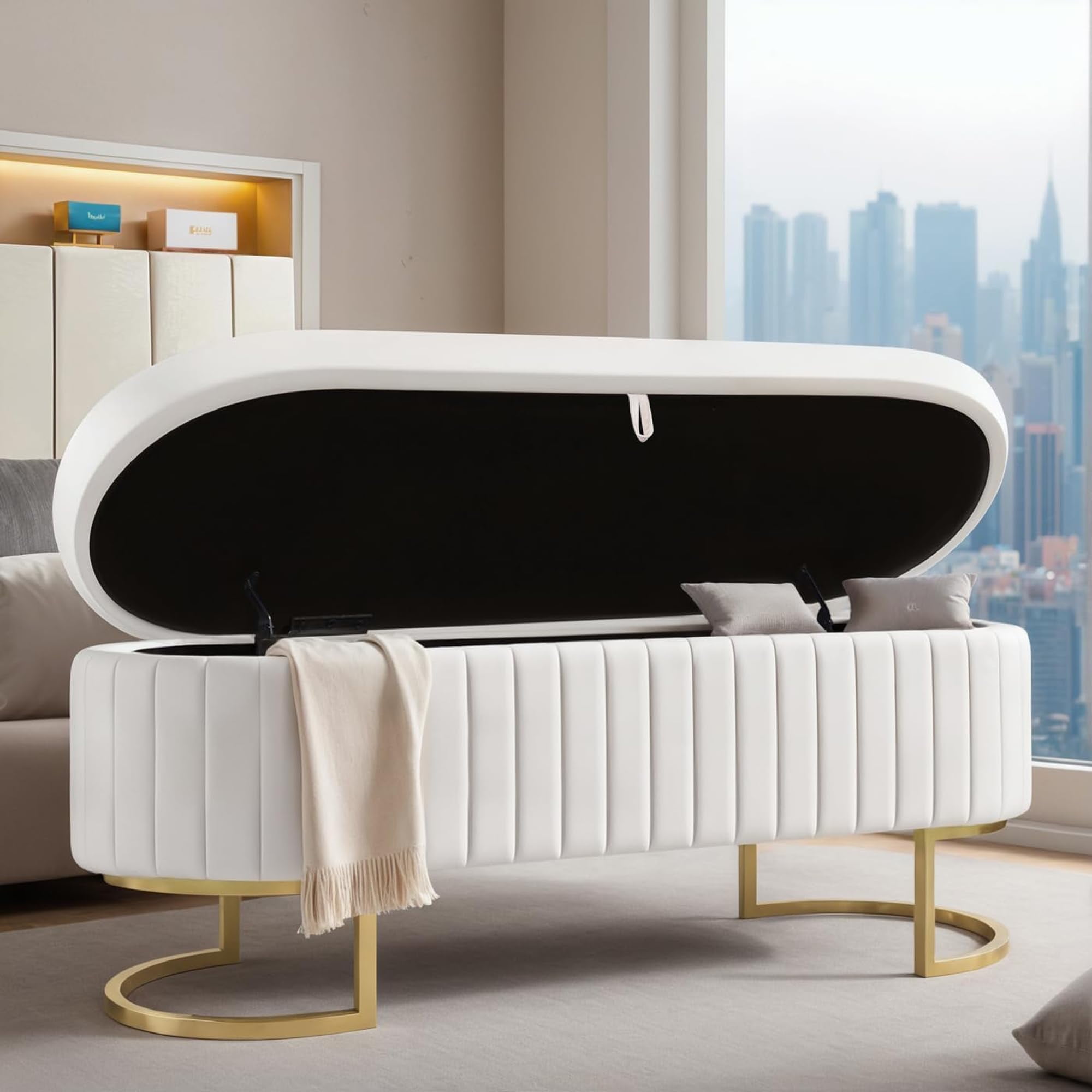 51” Velvet Storage Bench with Gold-Toned Legs, Queen Upholstered ...