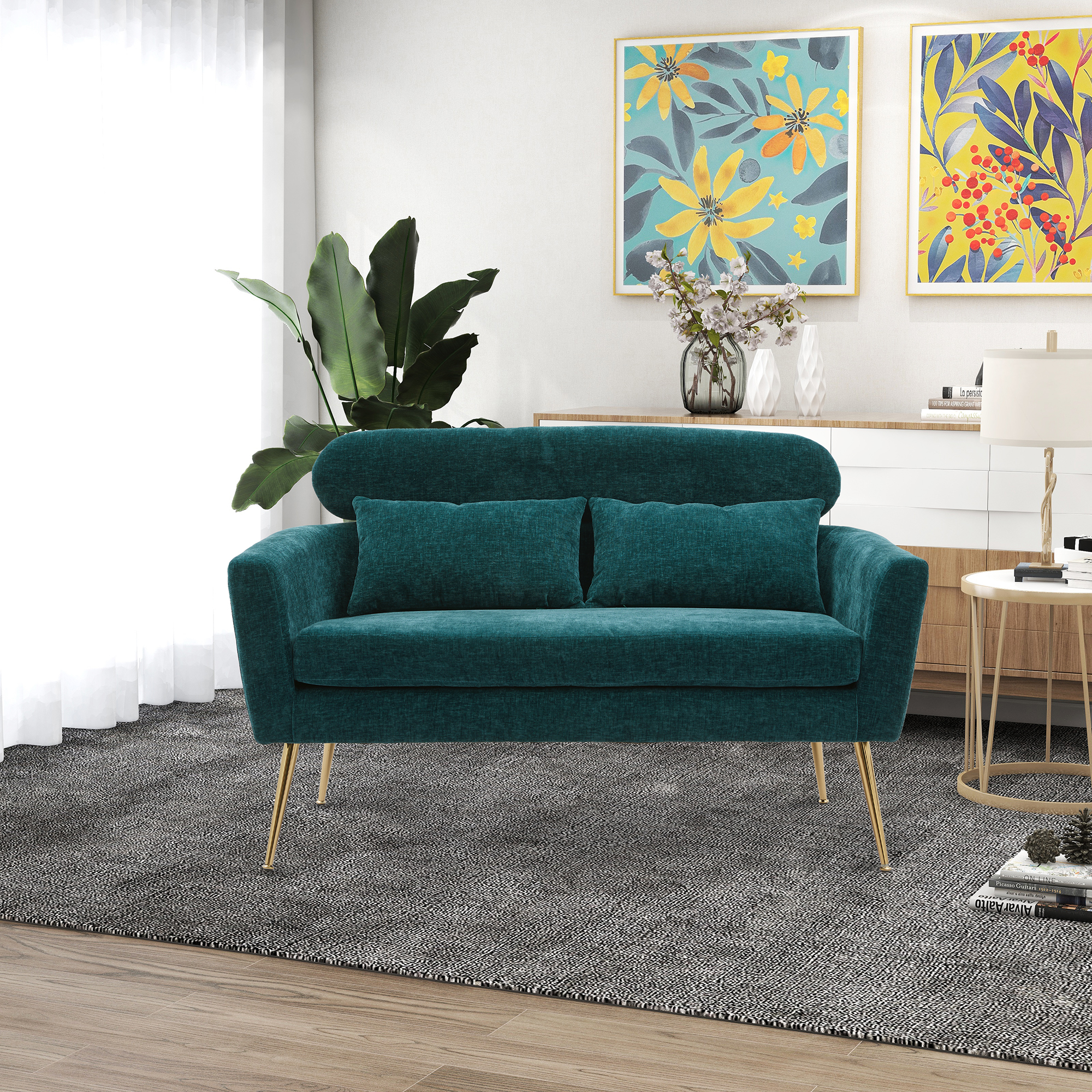 51"W Modern Loveseat with Gold Metal Legs and 2 Pillows, Chenille ...