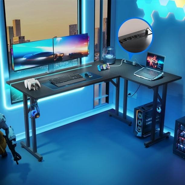 51 inch Gaming Desk with LED Lights & Power Outlet, Gaming Table with ...