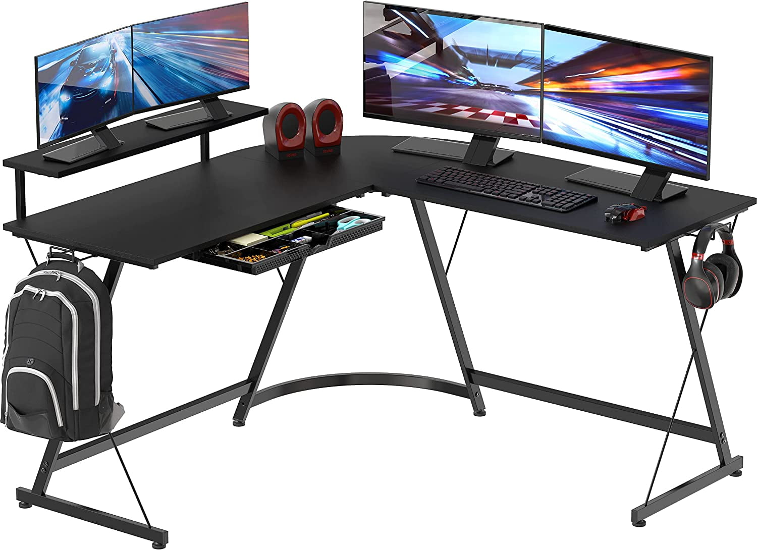 51 x 51 Inches Vista L-Shaped Desk with Monitor Stand and Drawer, Black ...