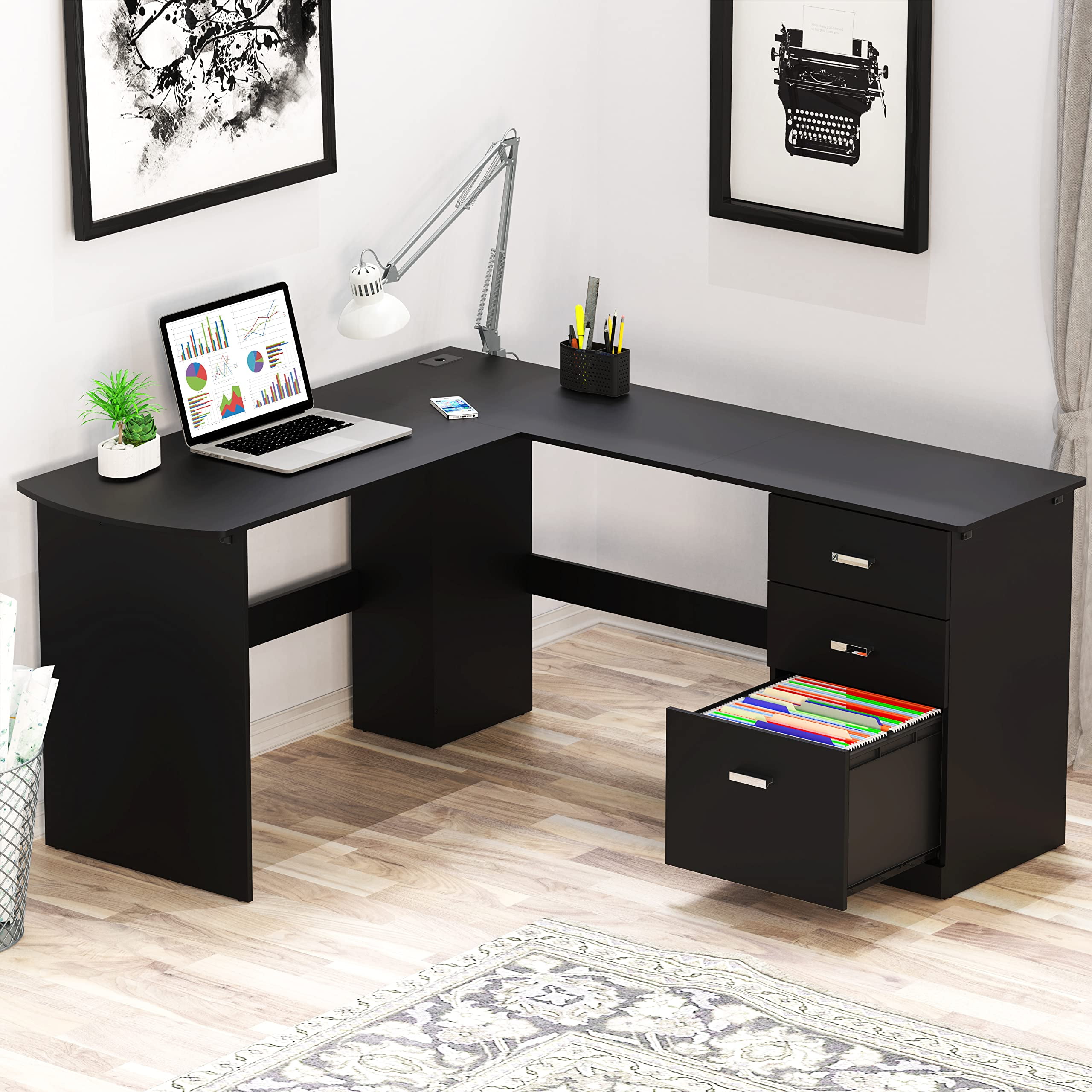 51 x 59 Inches L-Shaped Home Office Wood Corner Desk with Box Box File ...