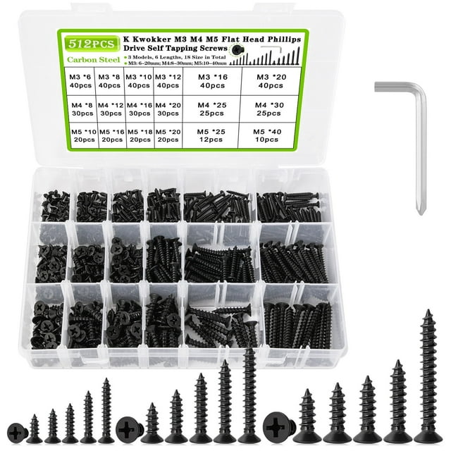 512PCS Self Tapping Screws M3/M4/M5, Stainless Steel Phillips Tips Flat Head Wood Screws ...