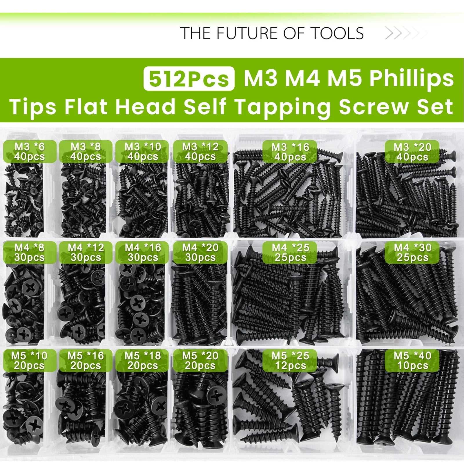 512PCS Self Tapping Screws M3/M4/M5, Stainless Steel Phillips Tips Flat Head Wood Screws ...