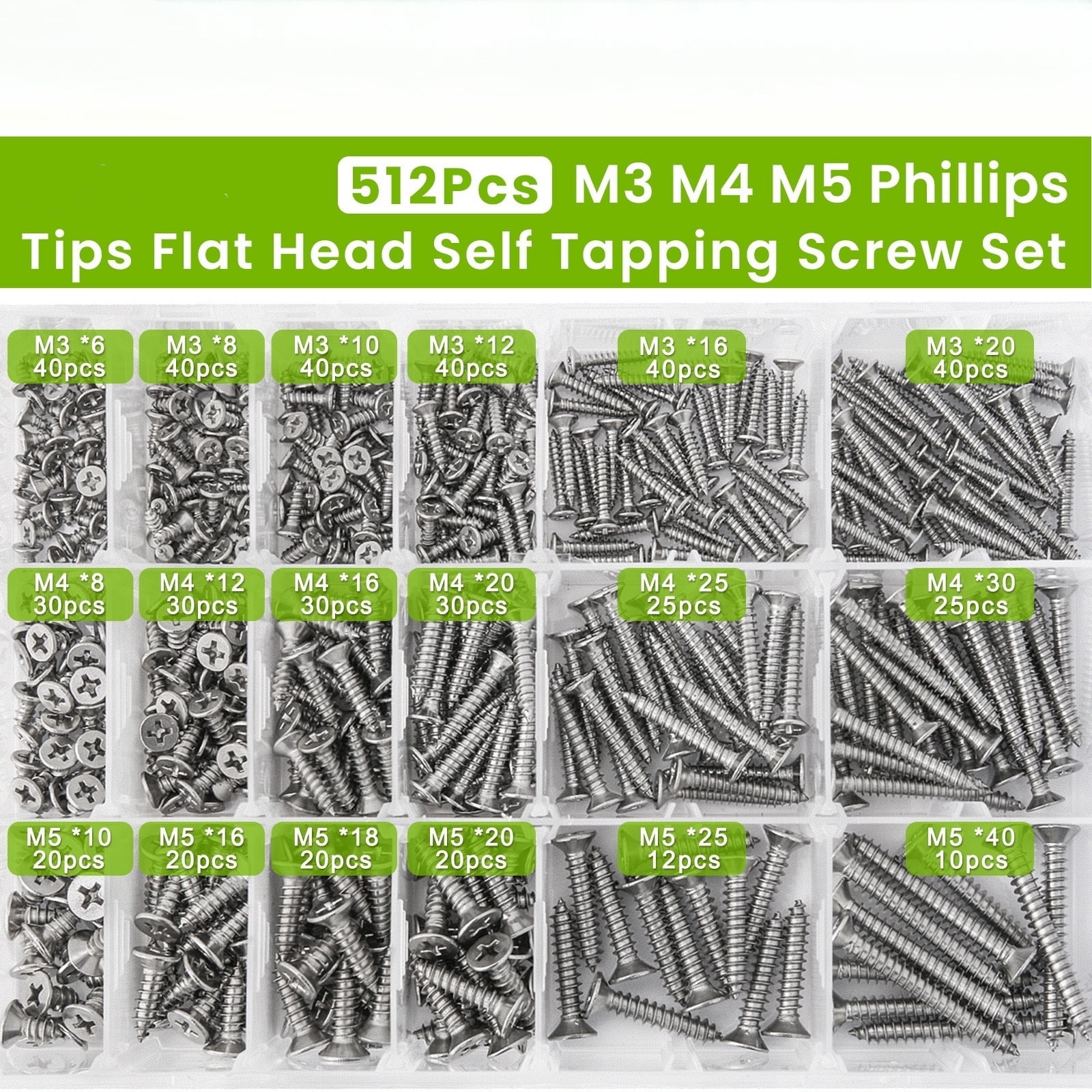 512Pcs M3/M4/M5 Self Tapping Screws Assortment Kit, Phillips Tips Flat ...