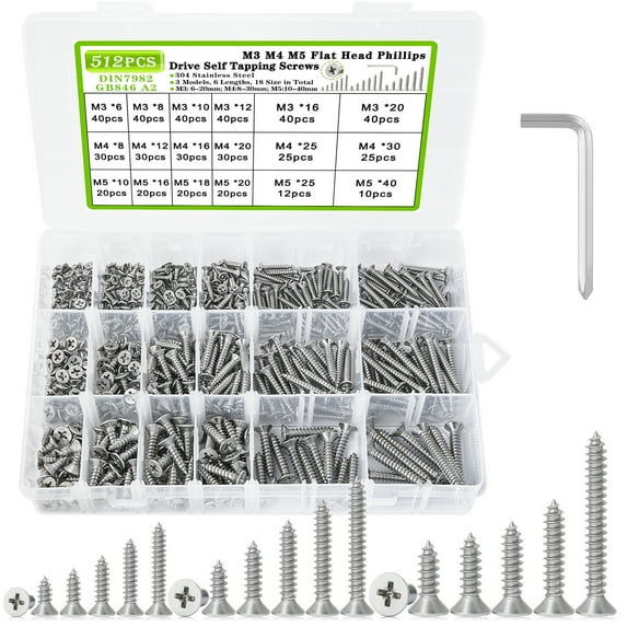 512Pcs M3 M4 M5 Assorted Long & Small Self Tapping Screws, Phillips Pack, Wood Screws Kit 6mm ...