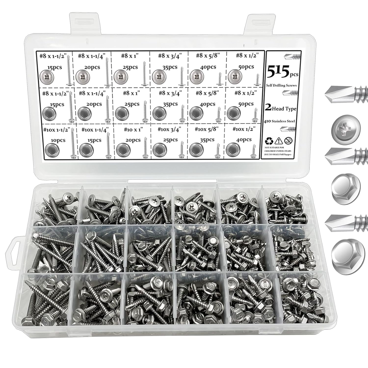 515Pcs Self Drilling Screws,410 Stainless Steel 1/2"to1-1/2"Self ...