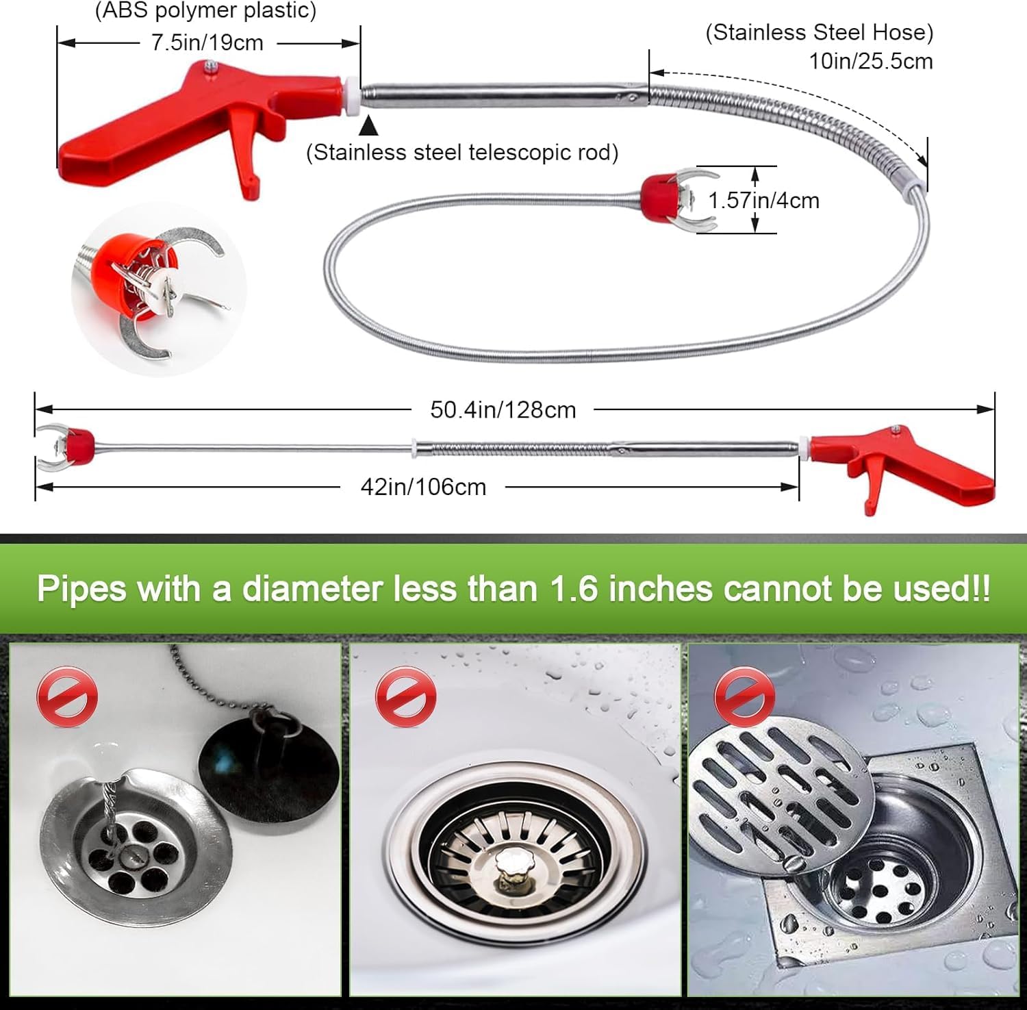 51inch Toilet Snake with 4 Claws, Flexible Grabber Tool for Clog ...