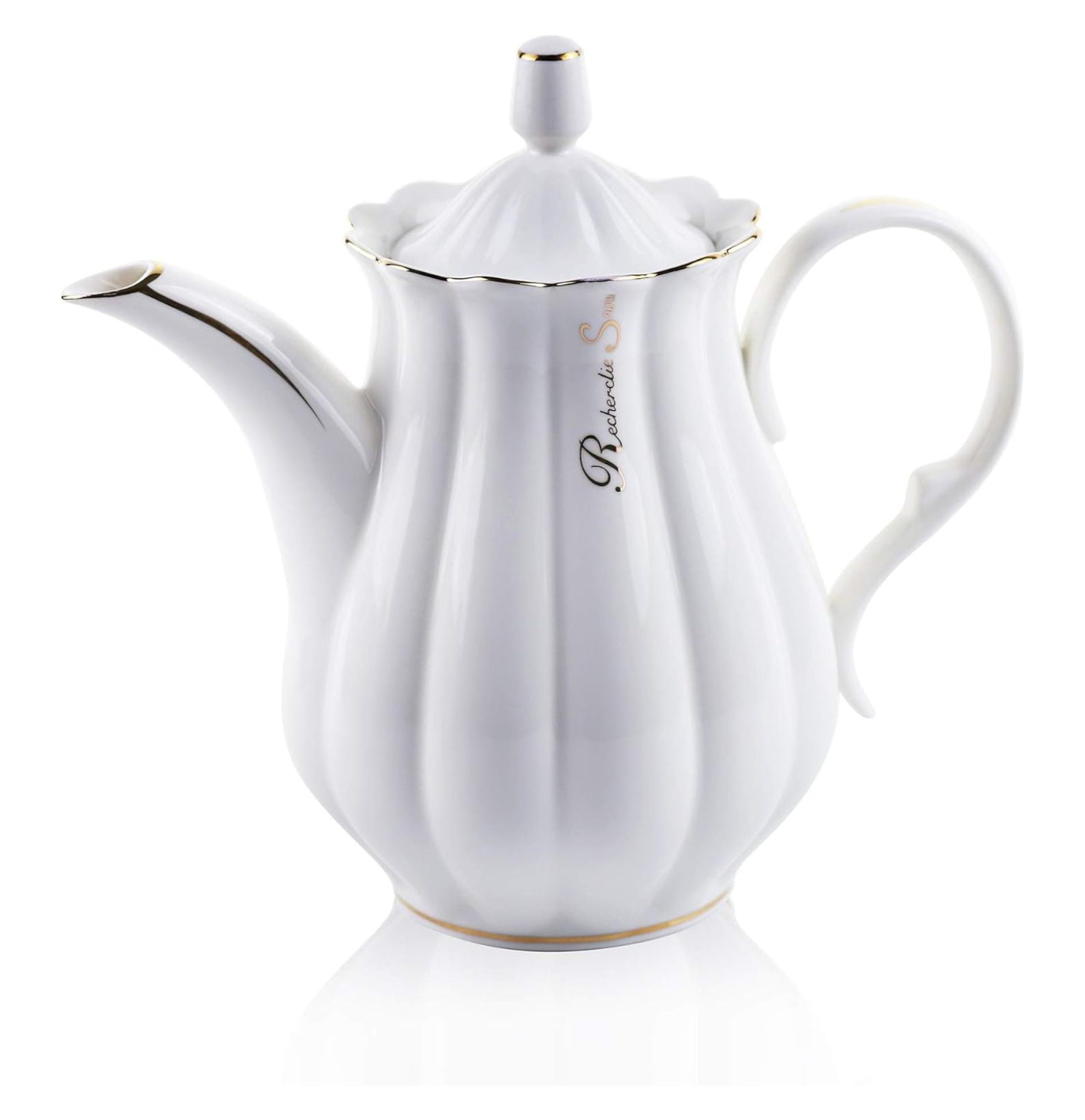 51oz White Ceramic Coffee Pot,Ruffled with Golden Side Porcelain Teapot ...