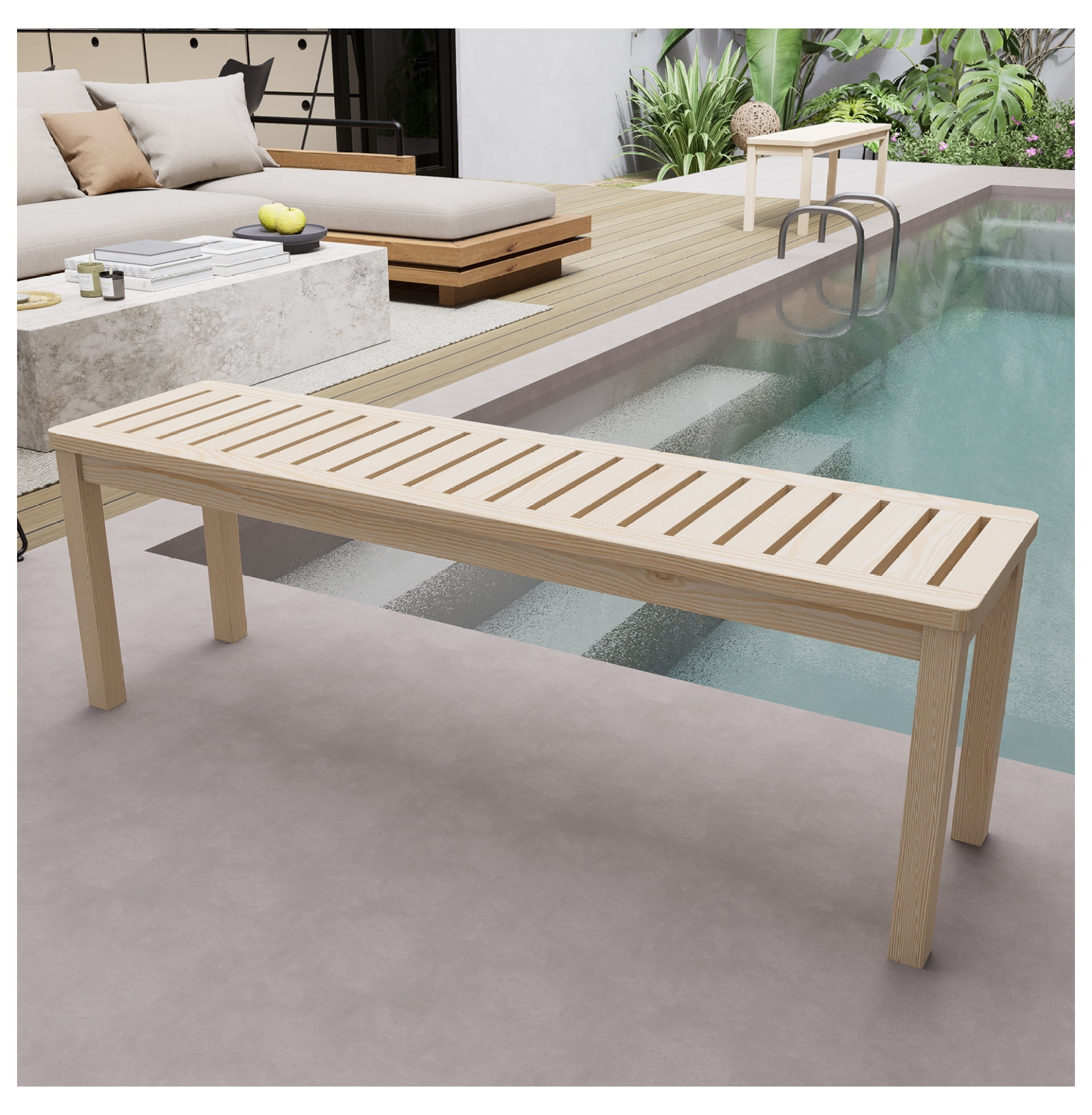 52.1" Outdoor Solid Wood Knot-Free Pine Backless Dining Swimming Pool ...