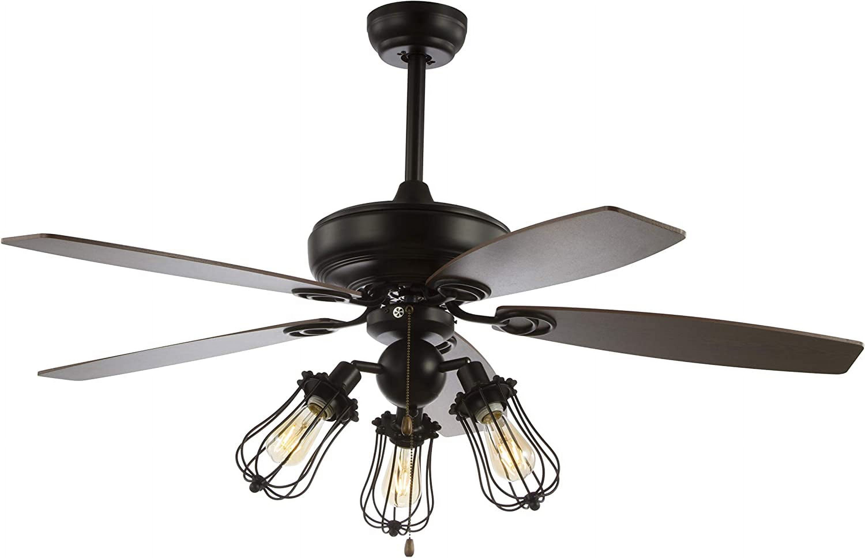52" 3-Light Caged LED Ceiling Fan with Metal/Wood Accents, Pull Chain Control, Adjustable Bulbs ...