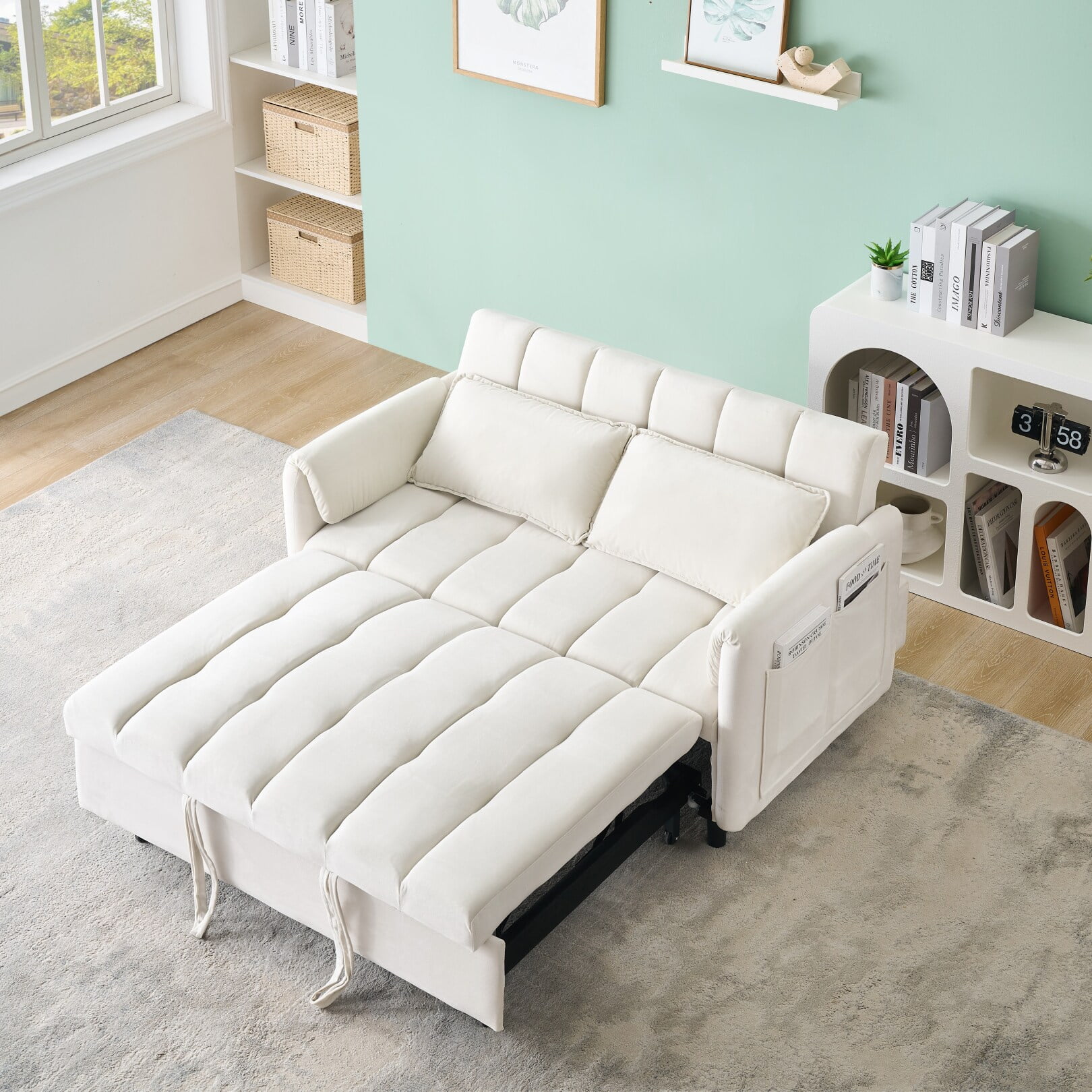 52" 3-in-1 Velvet Pull Out Couch with Adjustable Backrest & Side ...