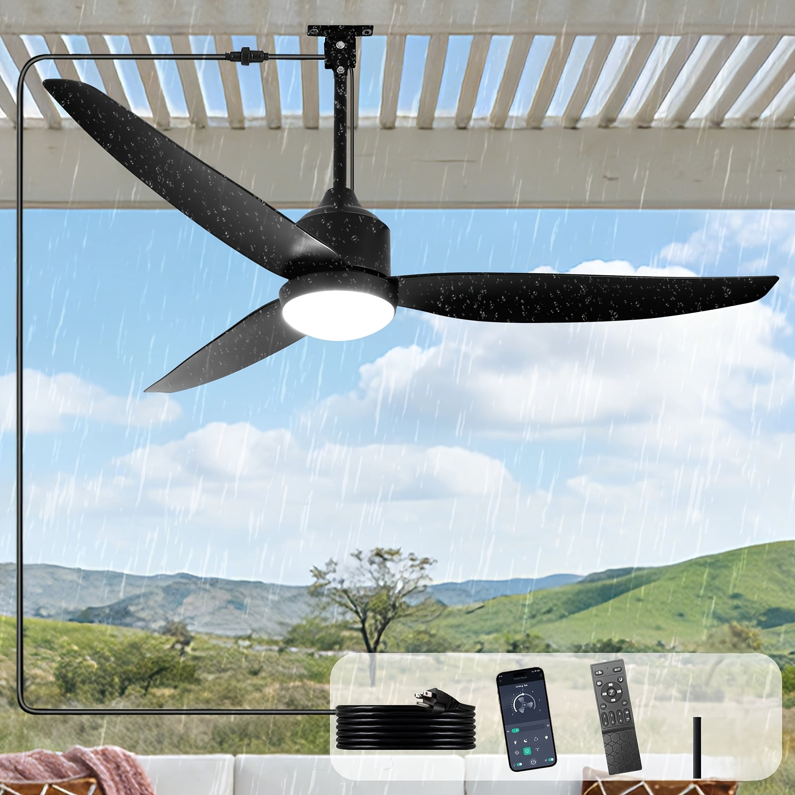 52/42 Inch, 3-Blade Outdoor Ceiling Fan, IP54, Black, Remote + APP ...