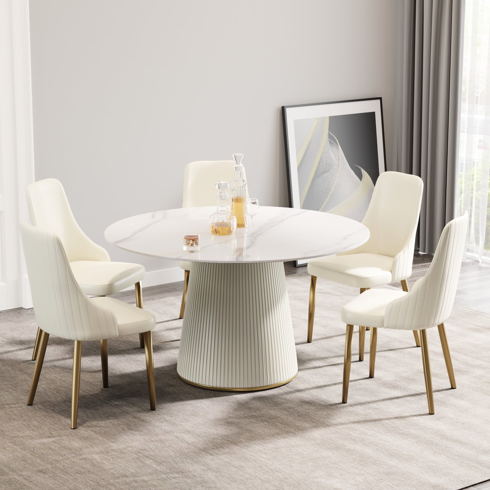 52.51" White Round Dining Table For 6 - Sintered Stone Surface, Pu ...