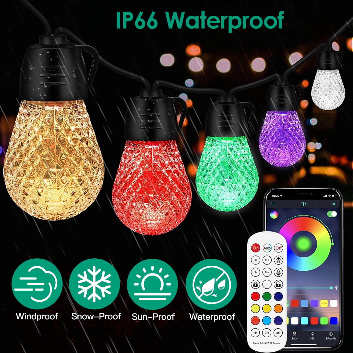 52.5FT Colorful Outdoor String Lights Smart RGB LED Patio Lights IP66 ...