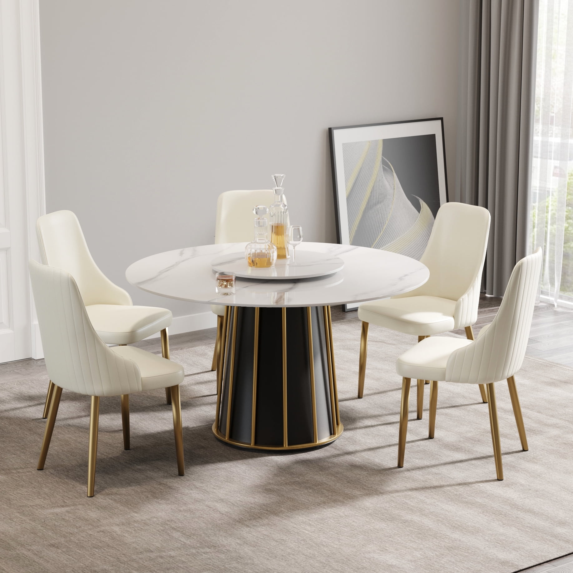 52.6" Artificial Stone Dining Table - 6 Person Seating 23.62" Turntable ...