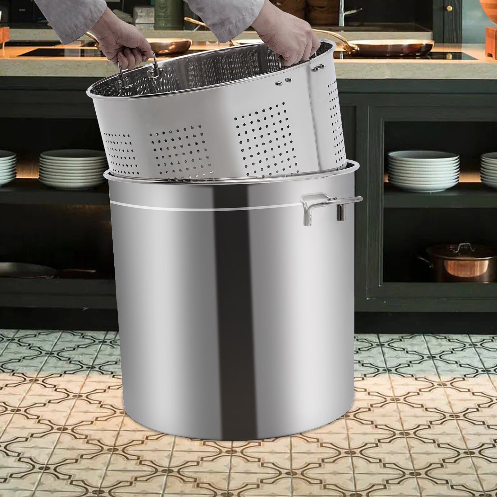 52.8Qt Cylinder Silver Stock Pot with Lid and Basket Stainless Steel ...