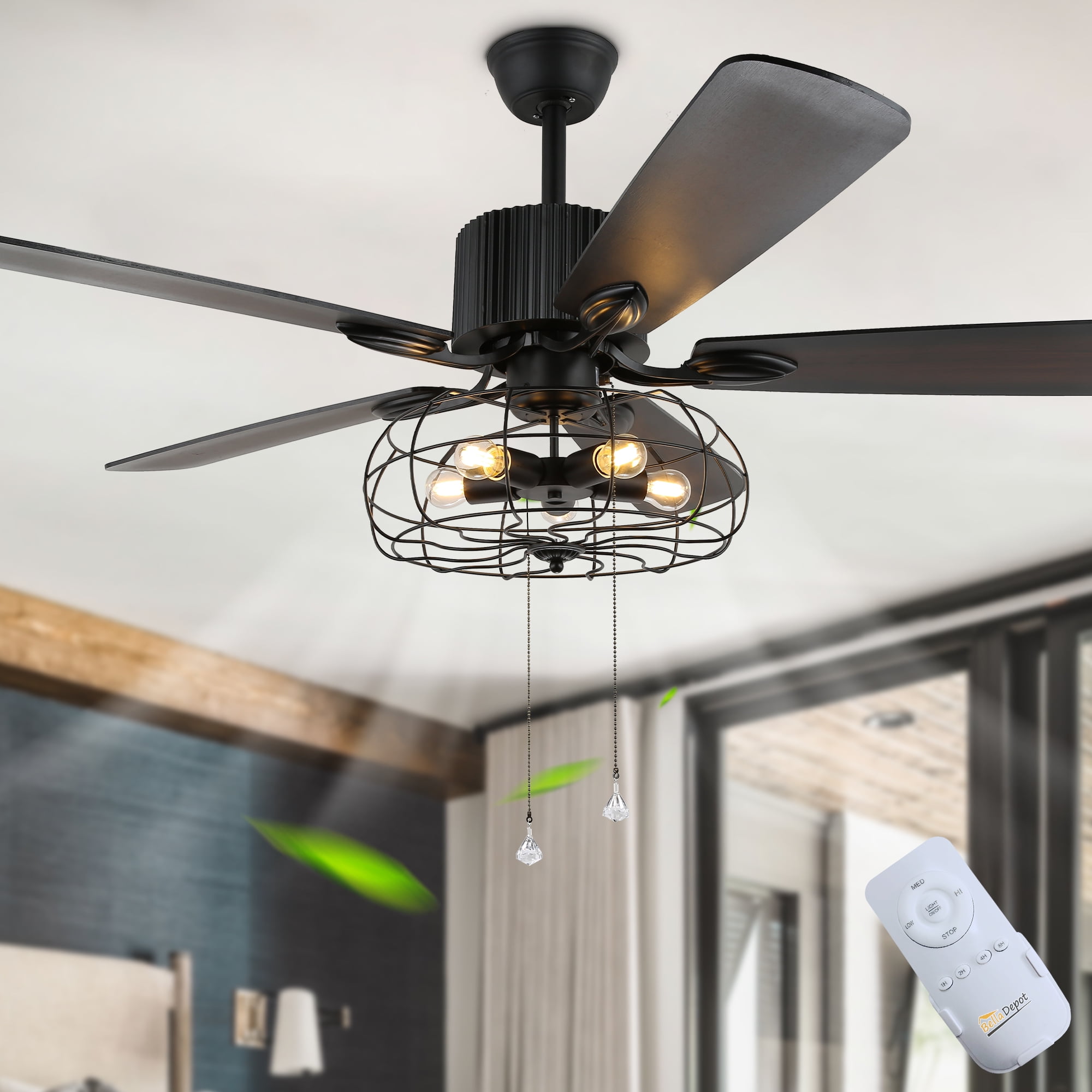 52" Black Industrial Metal Caged Ceiling Fan with Reversible Blades, 3 ...