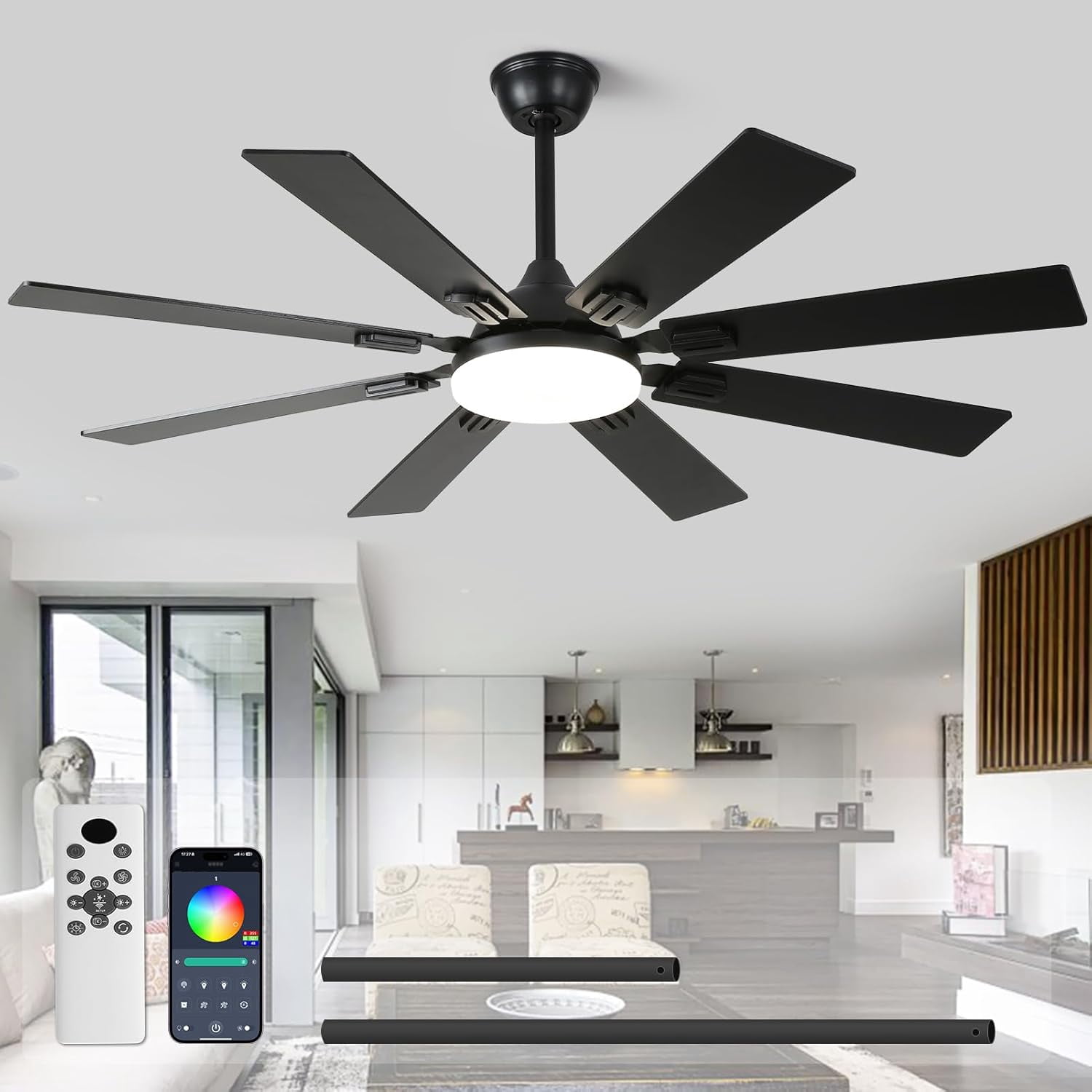 52" Ceiling Fa with Lights and Remote, Black Modern Ceiling Fan with 8 ...