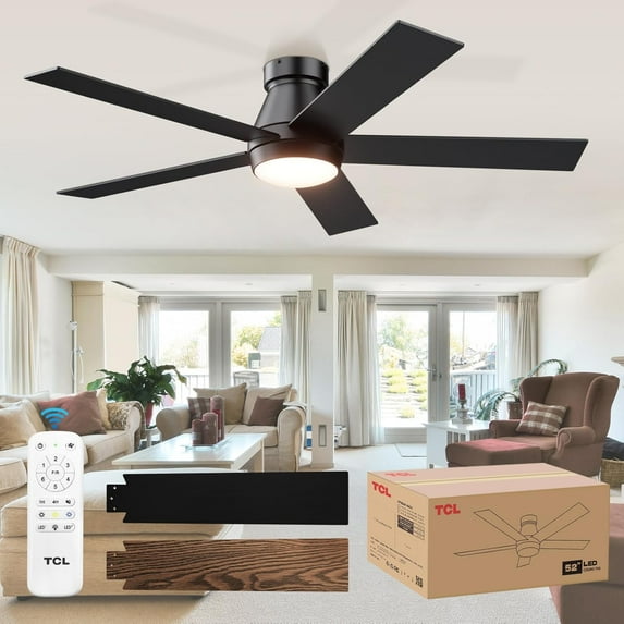 52" Ceiling Fan with Lights, Black Flush Mount Ceiling Fans with Remote ...